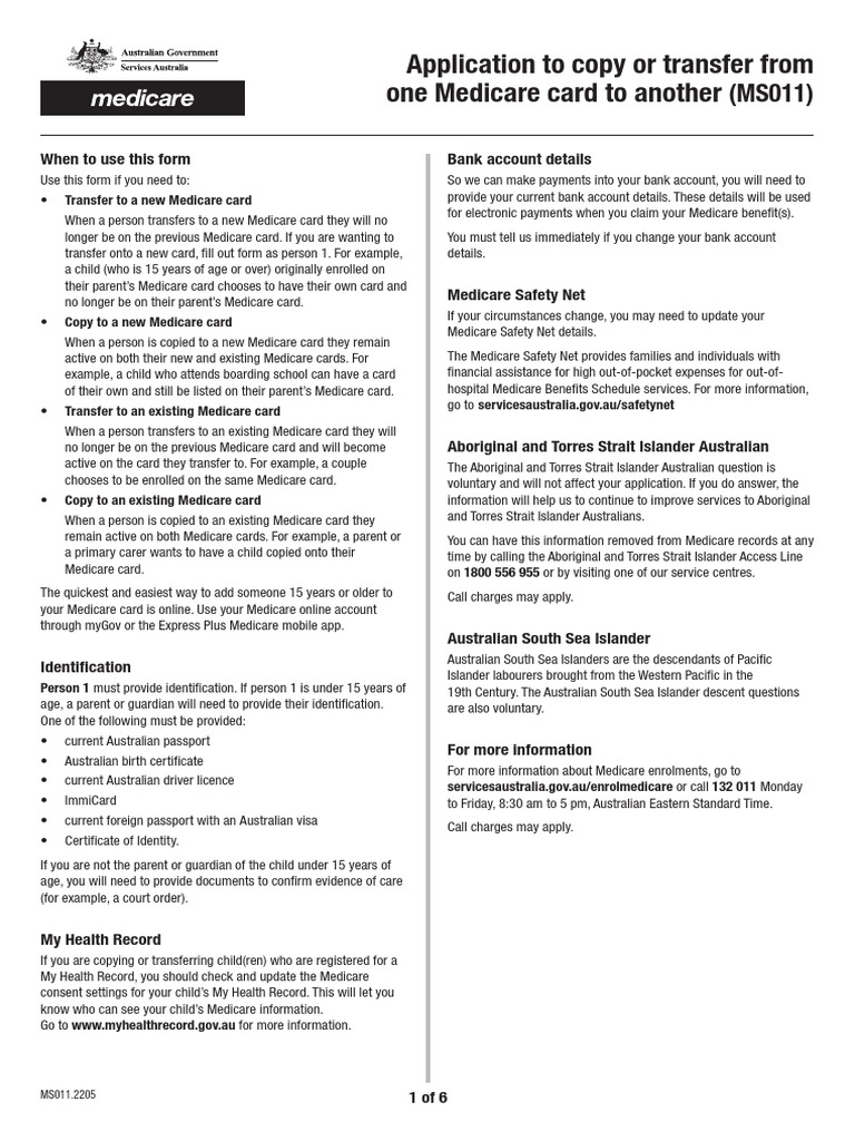 Medicare Card Transfer Application (MS011) | PDF | Identity Document ...