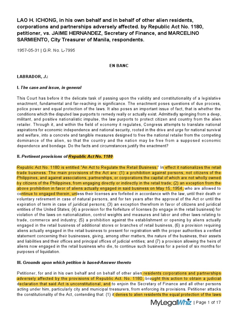 Ichong Vs Hernandez 101 Phil 115 | PDF | Fourteenth Amendment To The ...