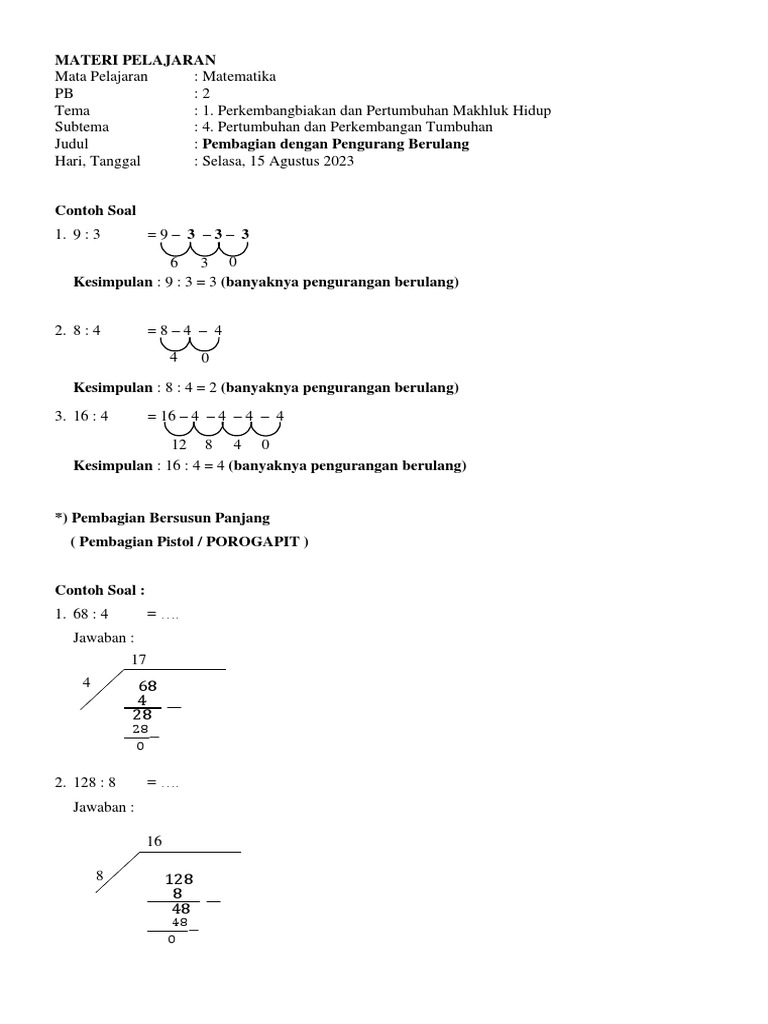 Materi Tema 1 Subtema 4 PB 2 MTK Dan Bahasa Indonesia (Selasa, 15 Agustus 2023) | PDF