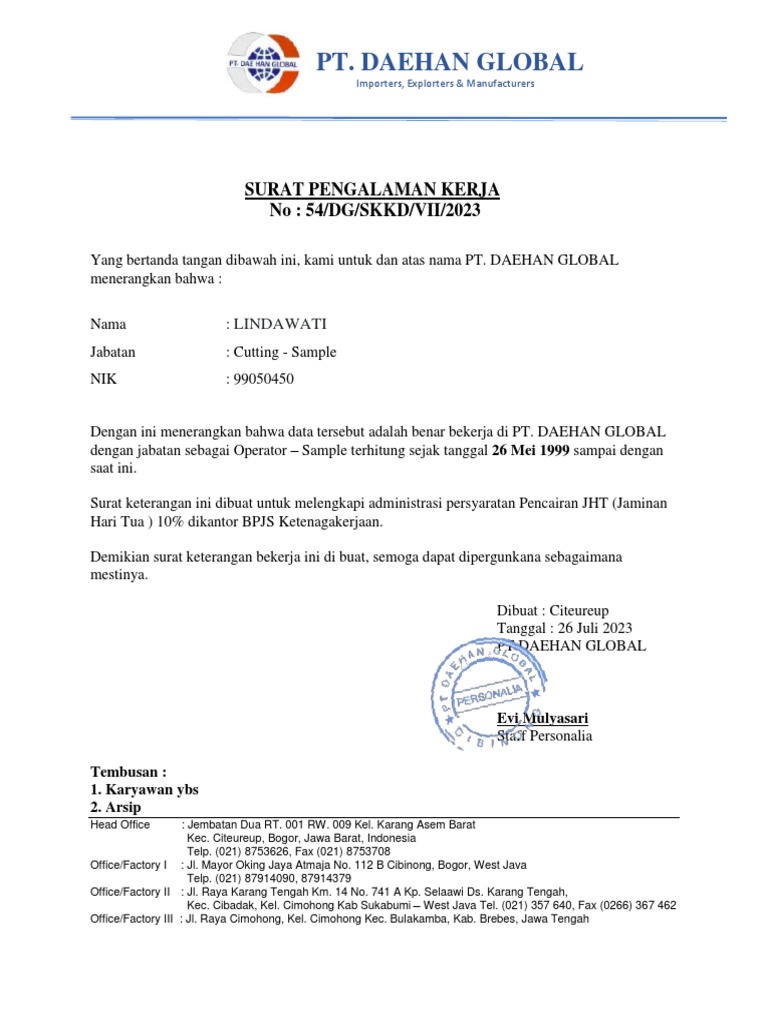 Surat Kerja PT Daehan | PDF