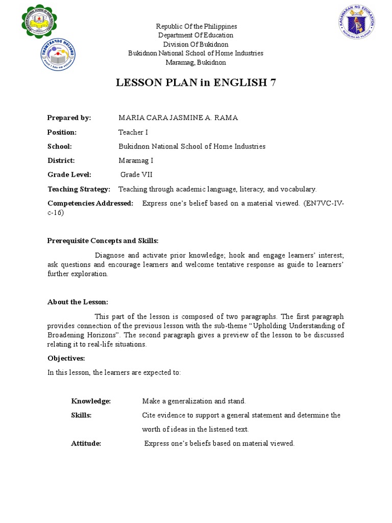 English 7 Lesson Plan for Teachers | PDF | Wellness