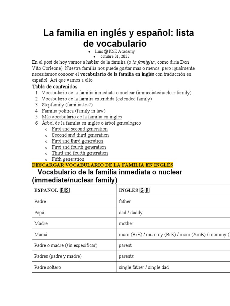 Vocabulario de la Familia en Inglés y Español | PDF