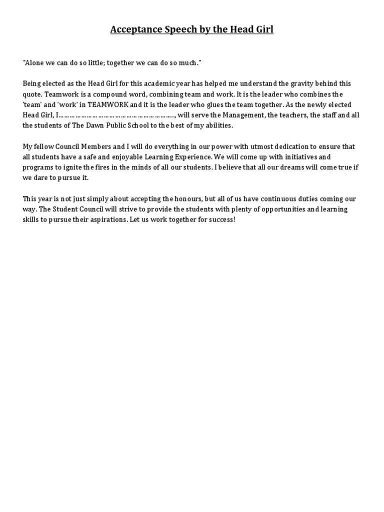 Acceptance Speech by The Head Girl | PDF | Self-Improvement | Wellness