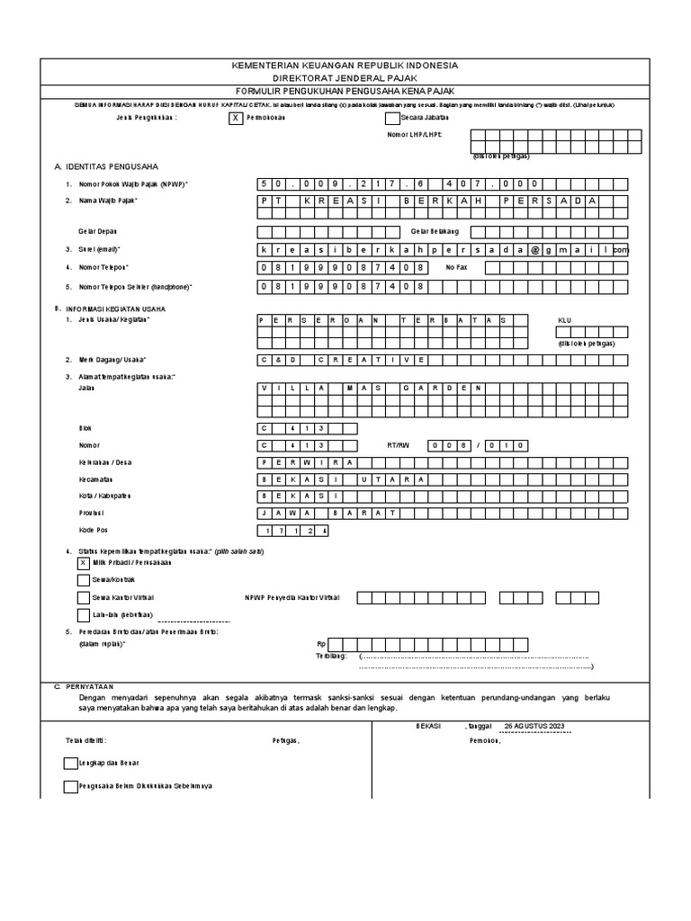 Formulir Pengukuhan Pengusaha Kena Pajak | PDF