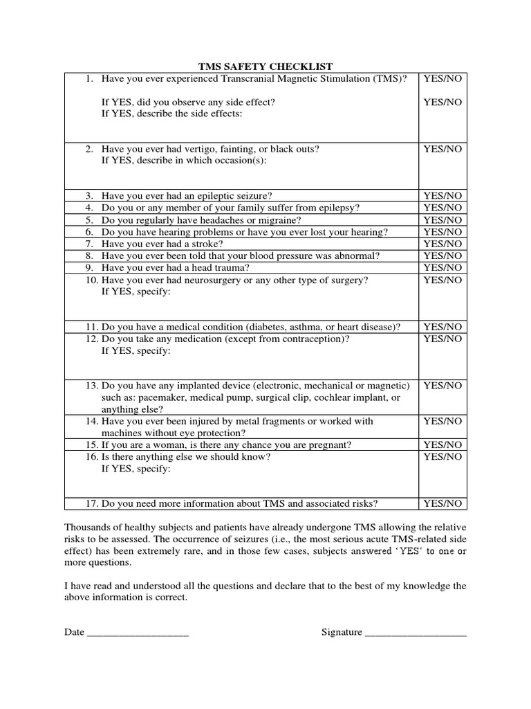 TMS Checklist | PDF | Epilepsy | Implant (Medicine)
