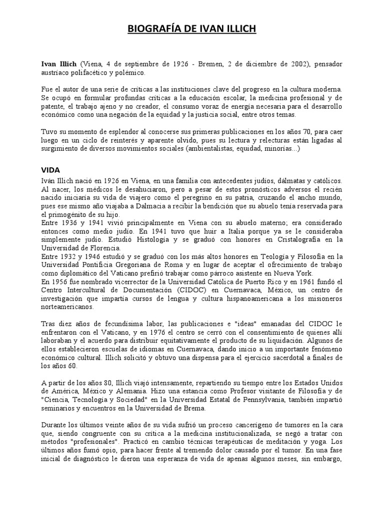 Biografía y Pensamiento de Ivan Illich | PDF