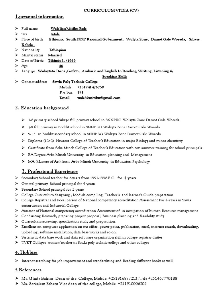 Curriculum Vitea Walelign | PDF | Teachers | Curriculum