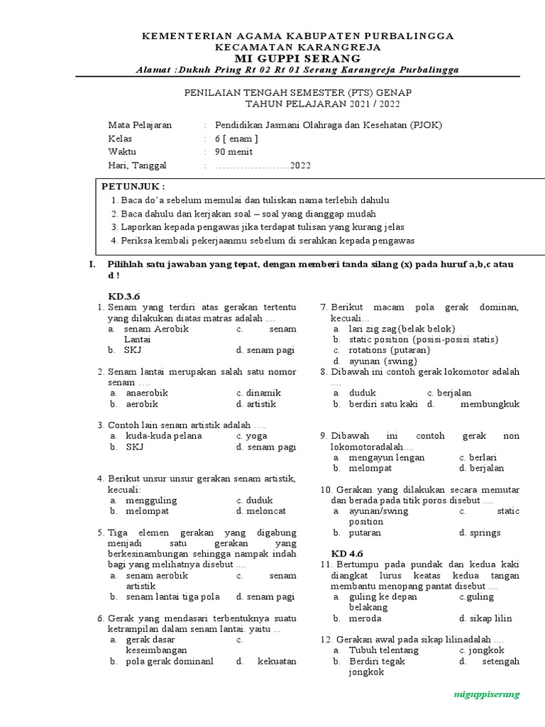 Soal PTS 2 PJOK KLS | PDF