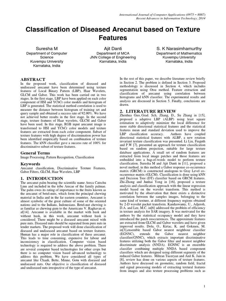 Classification of Diseased Arecanut Based On Texture | PDF | Image Segmentation | Wavelet