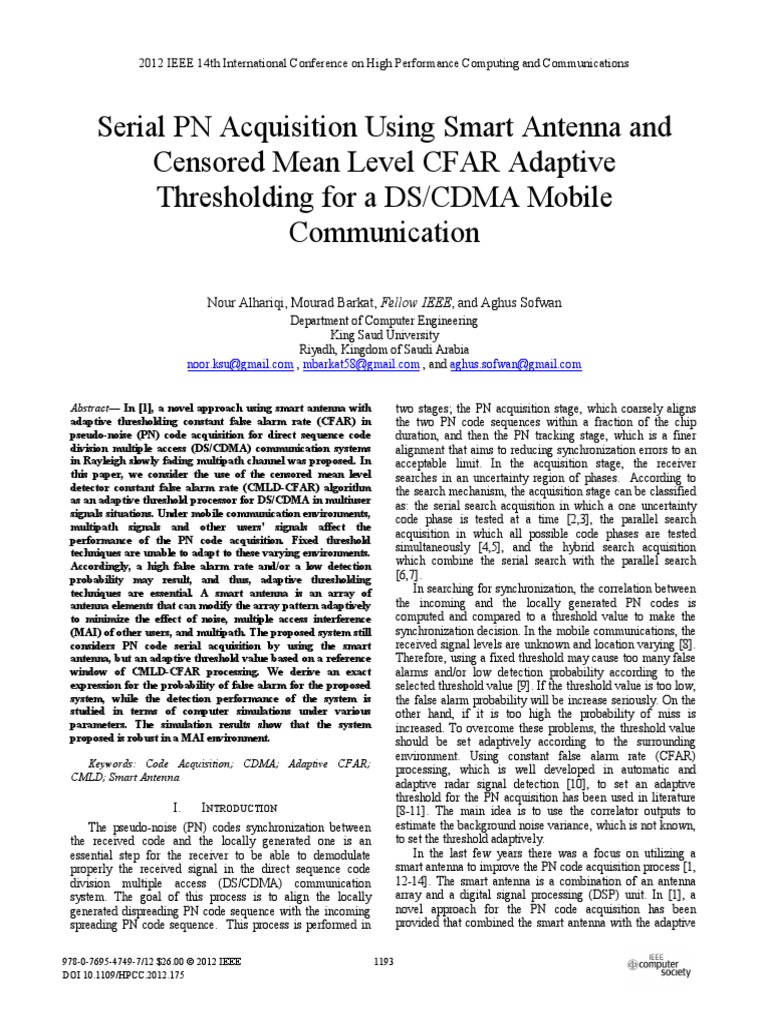 Serial PN Acquisition Using Smart Antenna and Censored Mean Level CFAR Adaptive Thresholding For ...