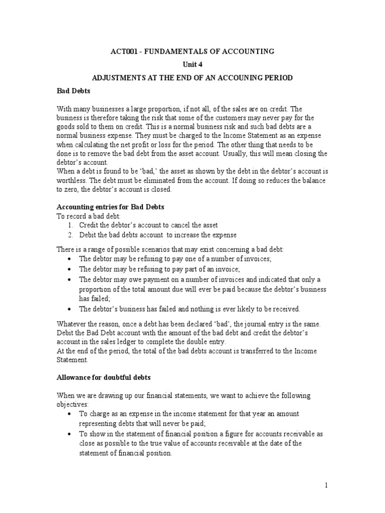 Unit 4 - Provision For Doubtful Debts - Adjustments at The End of An ...