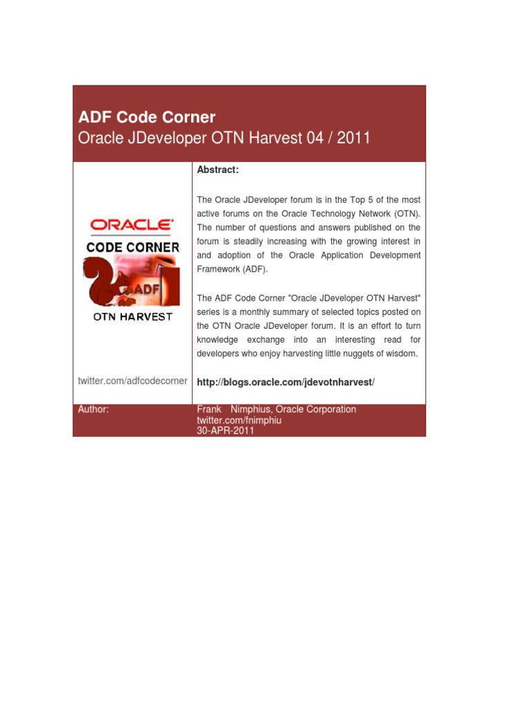 ADF Code Corner - Oracle JDeveloper OTN Harvest | PDF | Internet Explorer | Library (Computing)