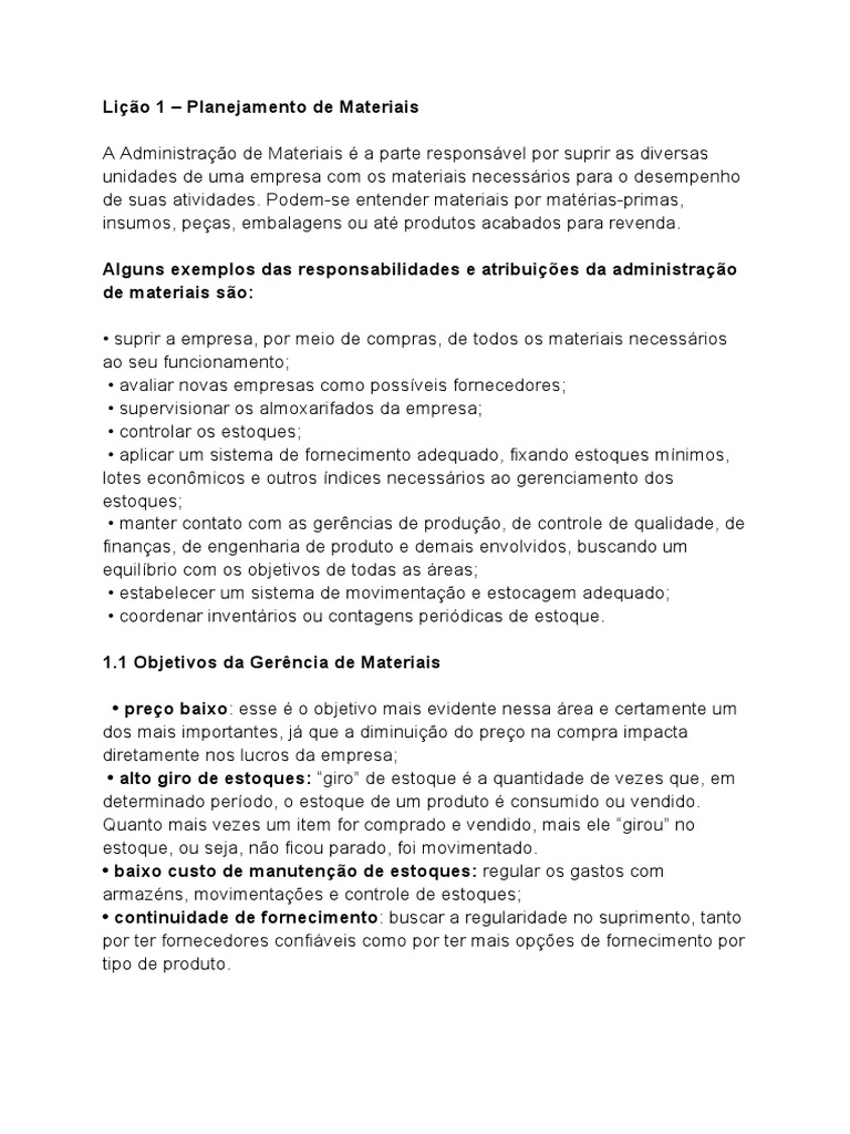 Planejamento de Materiais | PDF