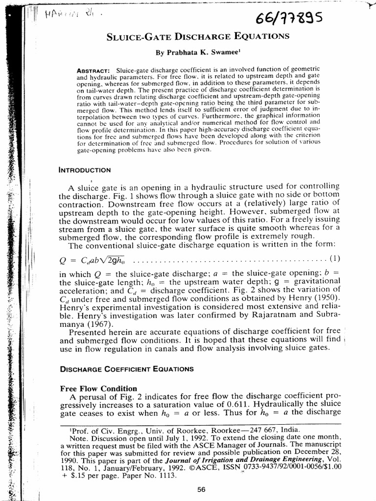 Sluice Gate Discharge Calculations | PDF