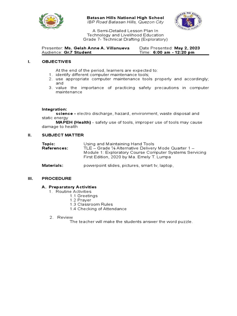 Draft - Using and Maintaining Hand Tools (ICT) - Semi-Detailed Lesson ...