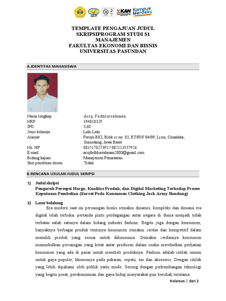 Template Pengajuan Judul Skripsi-Ariq Fadhlurrahman 194010329 | PDF