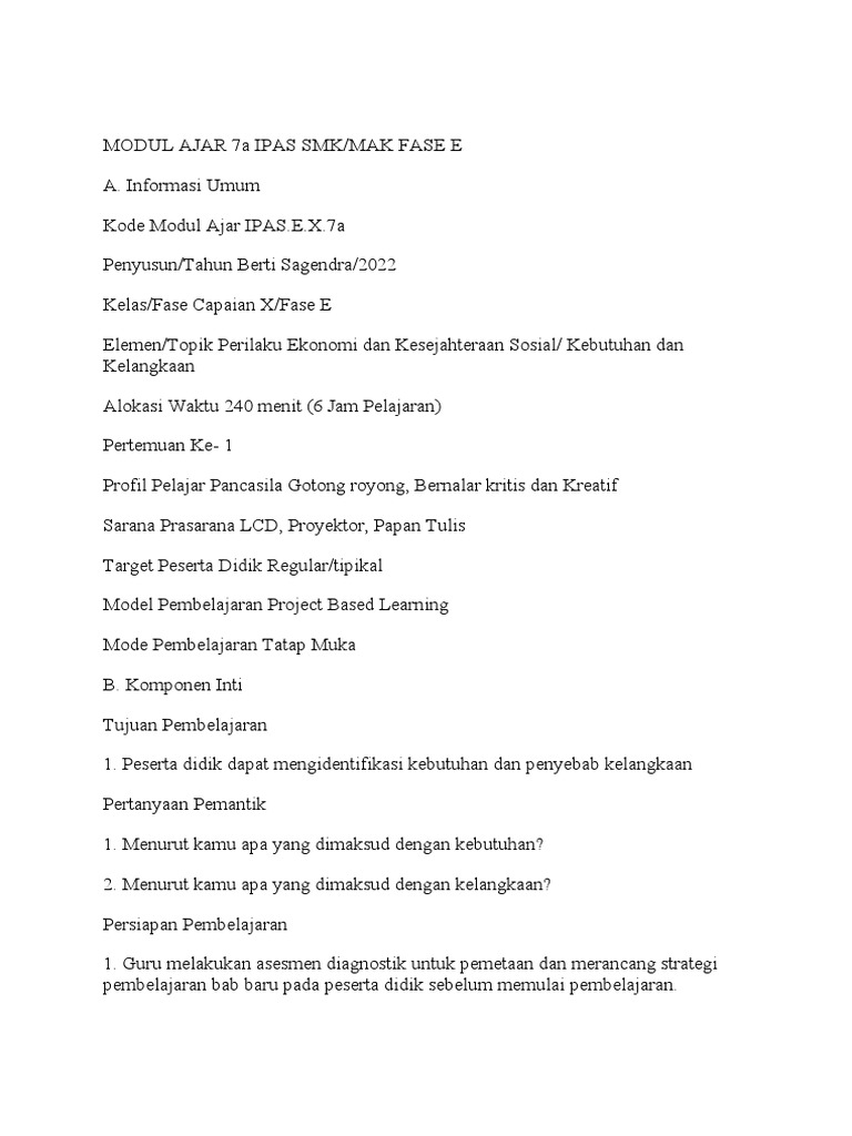 MODUL AJAR 7a IPAS SMK. Ekonomi | PDF