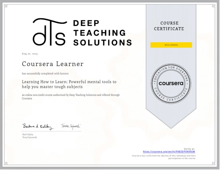 Certificate Learnig How To Learn | PDF