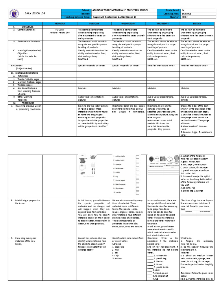 DLL - SCIENCE 4 - Q1 - W1 - Classify Materials Based On The Ability To ...