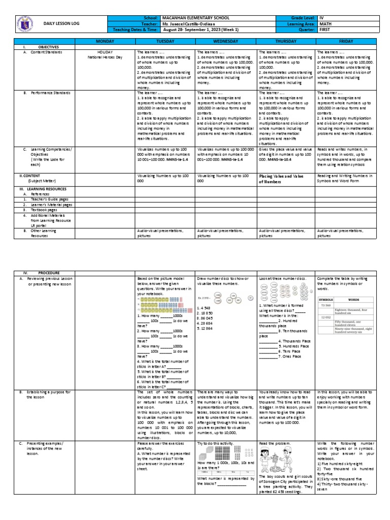DLL - MATH 4 - Q1 - W1 - Visualizes Numbers Up To 100 000 With Emphasis On Numbers 10 001100 000 ...