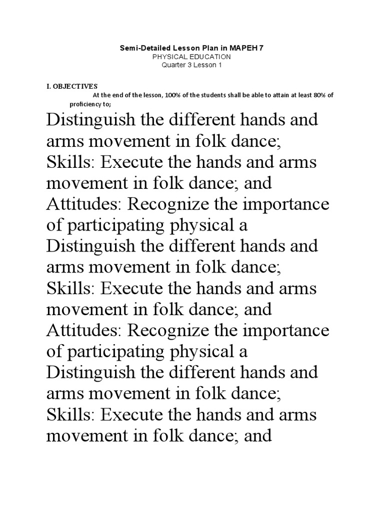 Semi-Detailed Lesson Plan in P.E. 7 Q3 (FOLKDANCE) | PDF