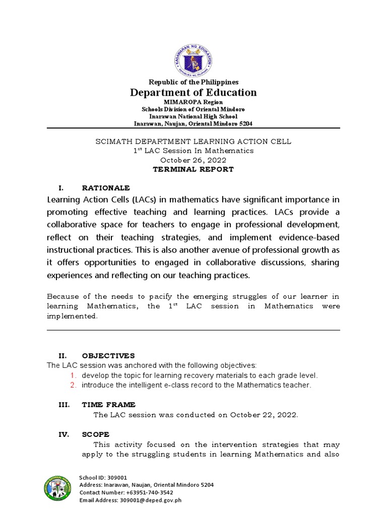 1st LAC Session in MATH 2022 Terminal Report | Download Free PDF | Learning | Mathematics