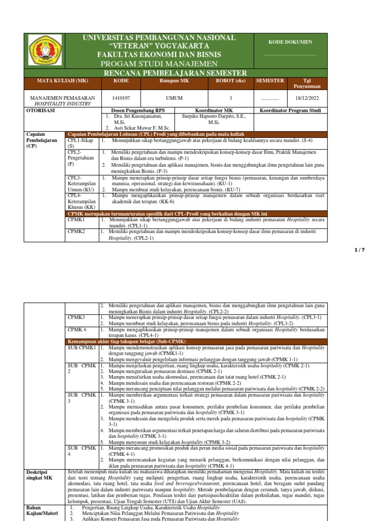 RPS Manajemen Hospitality 2023 | PDF