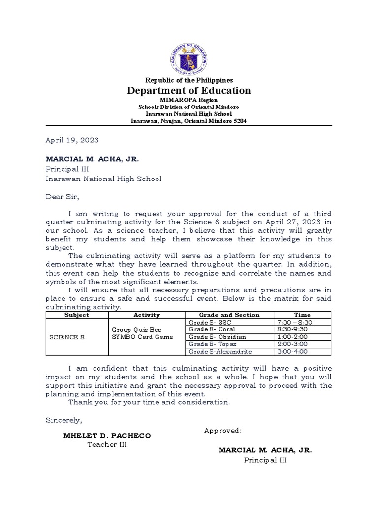 Letter To Conduct Culminating Activity | PDF
