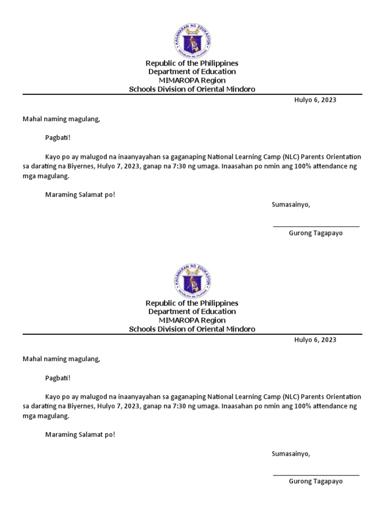 NLC ORIENTATION LETTER | PDF