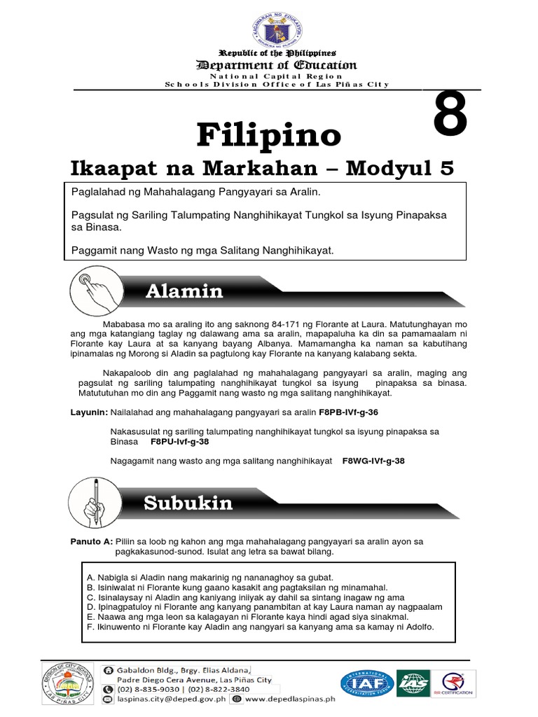 4th Quarter ADM Module 5 8 Filipino 8 SY 2021 2022 Final | PDF | Language Arts & Discipline