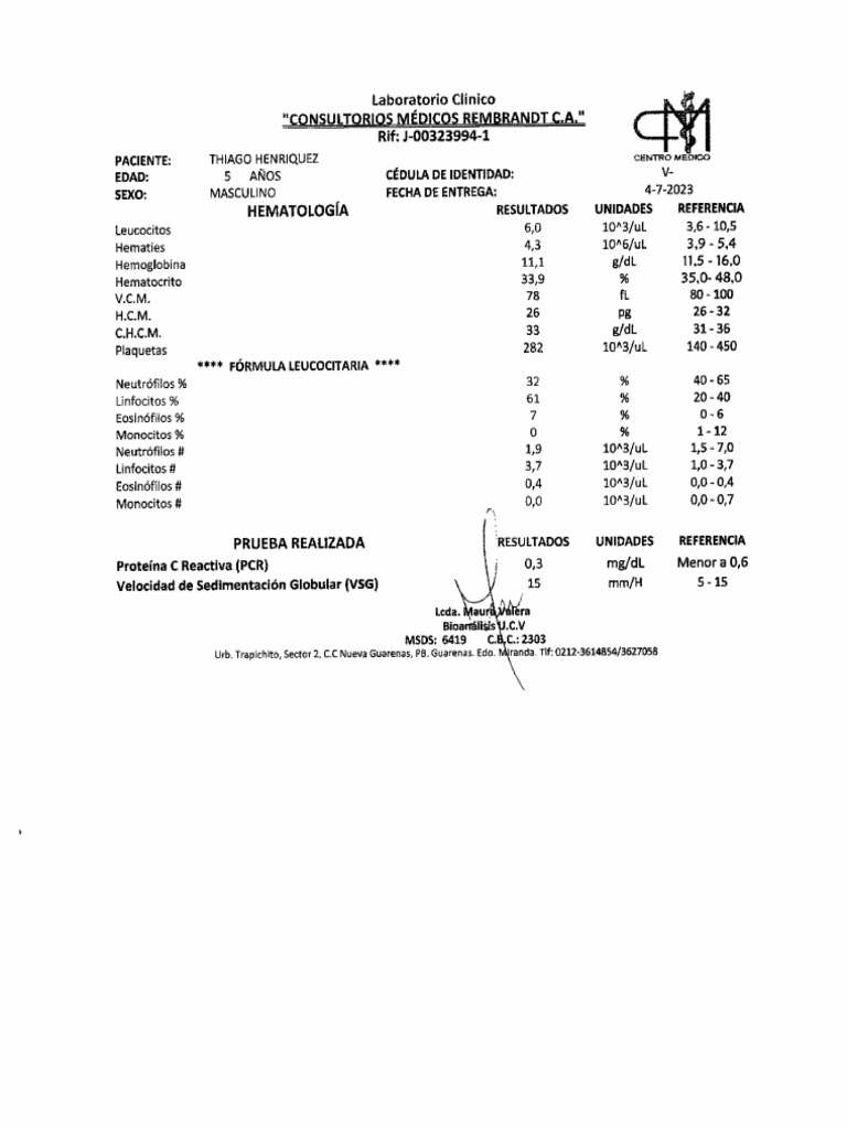 Resultado de Thiago Henriquez Hematologia Completa, PCR, VSG | PDF