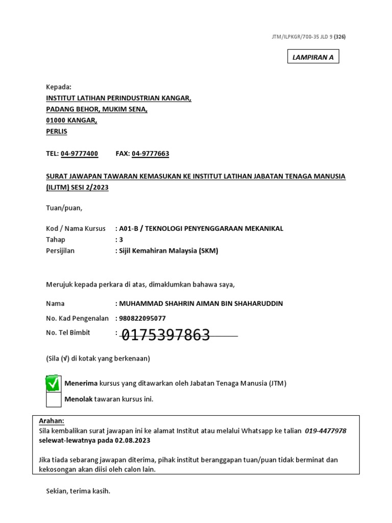 326. Muhammad Shahrin Aiman Bin Shaharuddin (Surat Jawapan) | PDF