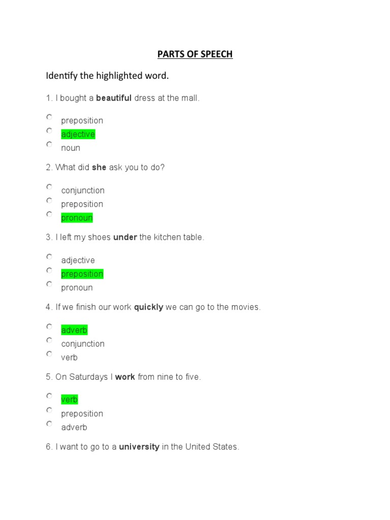 Parts of Speech Quiz | PDF