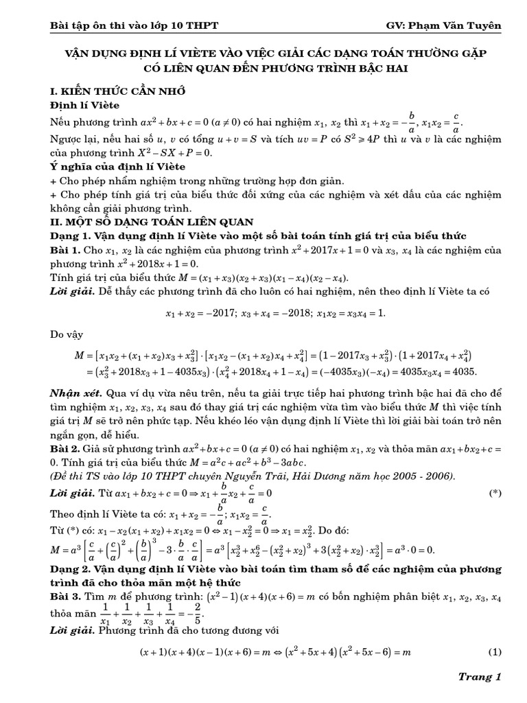 Van Dung Dinh Li Viete Giai Cac Dang Toan Lien Quan Den Phuong Trinh ...