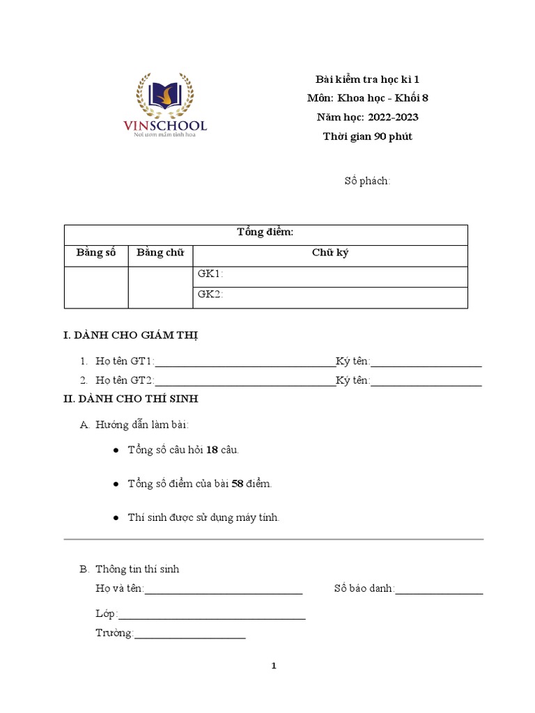 KHTN 8 - Vinschool - Dethi-Dapan - Trư NG PTLC Vinschool HCM | PDF