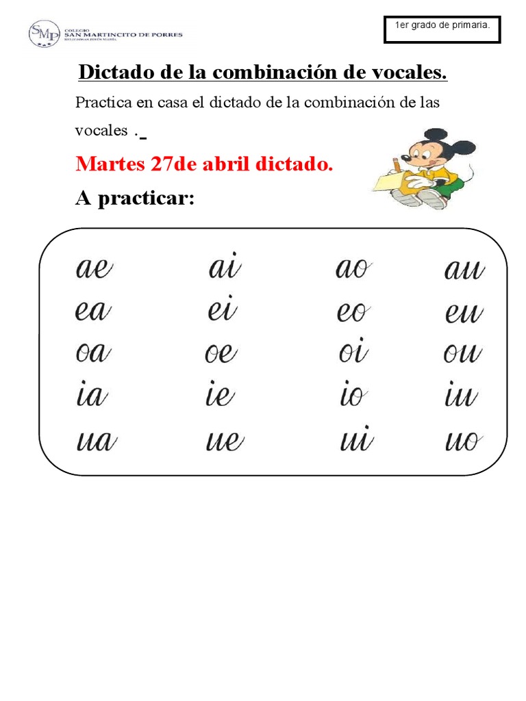 Dictado de Combinaciones de Vocales | PDF | Artes del Lenguaje y ...