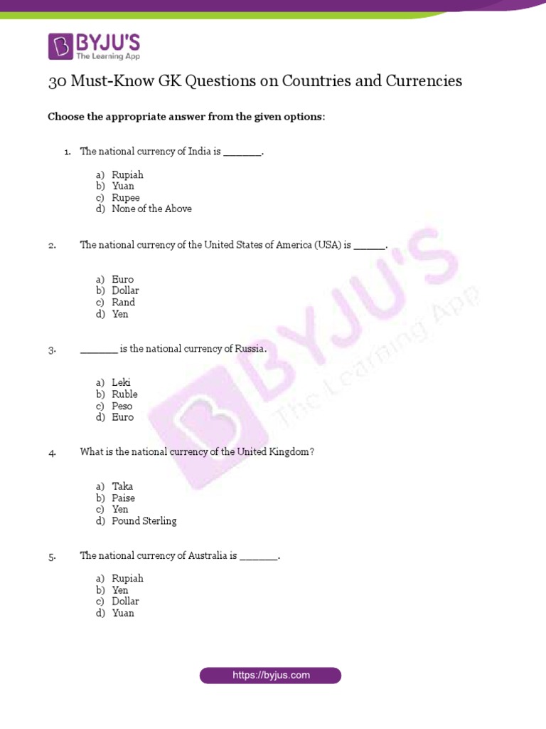 30 Must Know GK Questions On Countries and Currencies | PDF