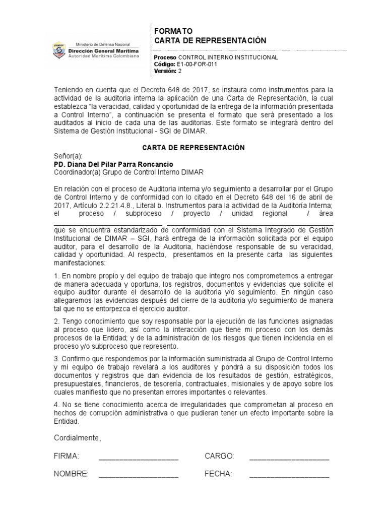 E1-00-FOR-011 Carta de Representación v2 | PDF