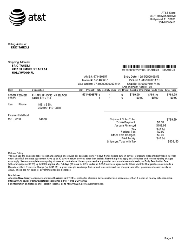 AT&T Invoice and Return Policy Details | PDF