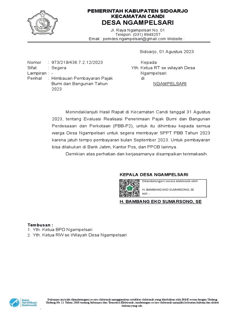 Himbauan Tentang Pembayaran SPPT PBB Th. 2023 | PDF