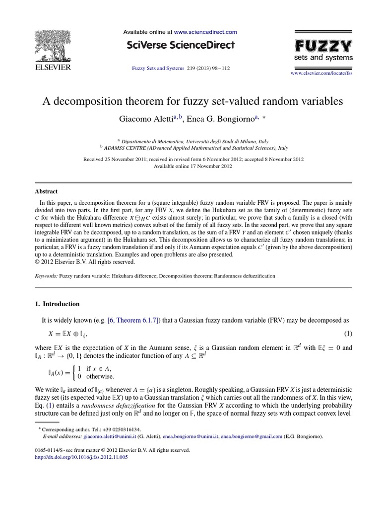 A Decomposition Theorem For Fuzzy Set-Valued Random Variables | PDF