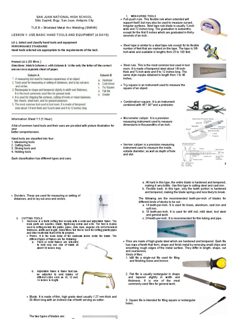 Grade 8 SMAW Hand Tools Guide | PDF | Screw | Blade