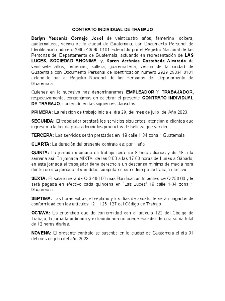 Contrato Individual de Trabajo Guatemala | PDF | Derecho
