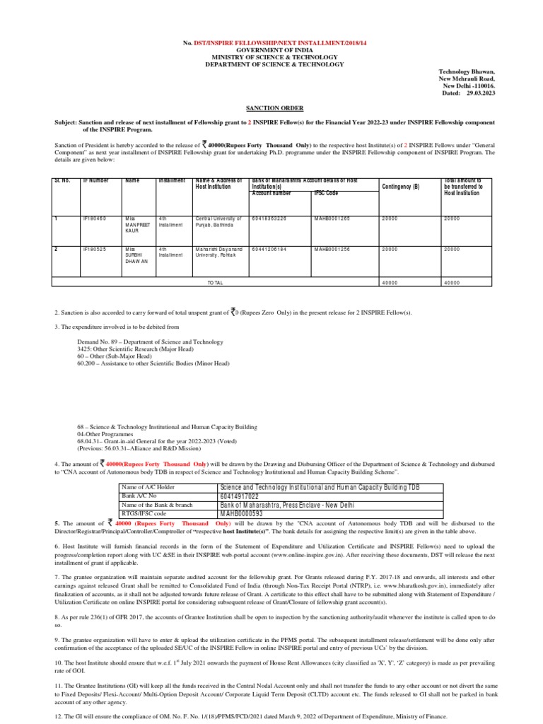 Fellowship Consolidated Sanction Order 2022-23 (List-20) PDF | PDF ...