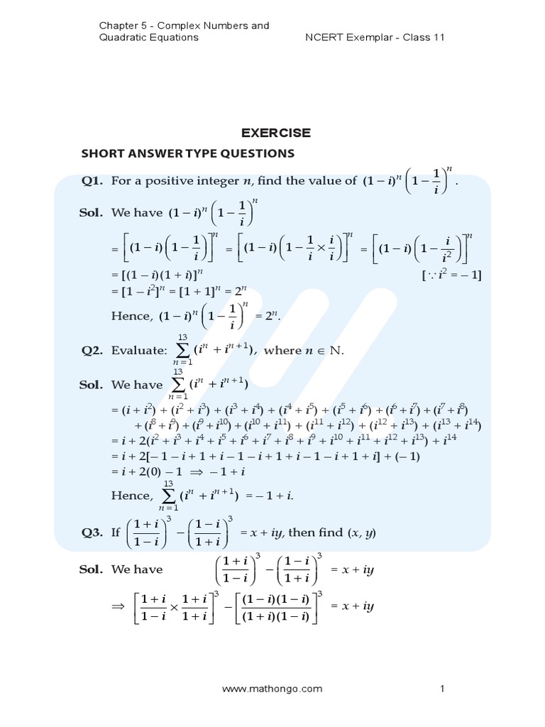 Ncert Exemplar Math Class 11 Chapter 05 Complex Numbers and Quadratic ...