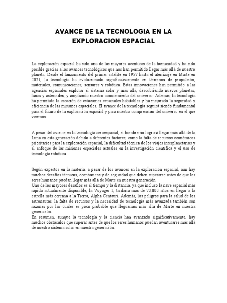 Avance de La Tecnologia en La Exploracion Espacial | PDF | Exploración ...