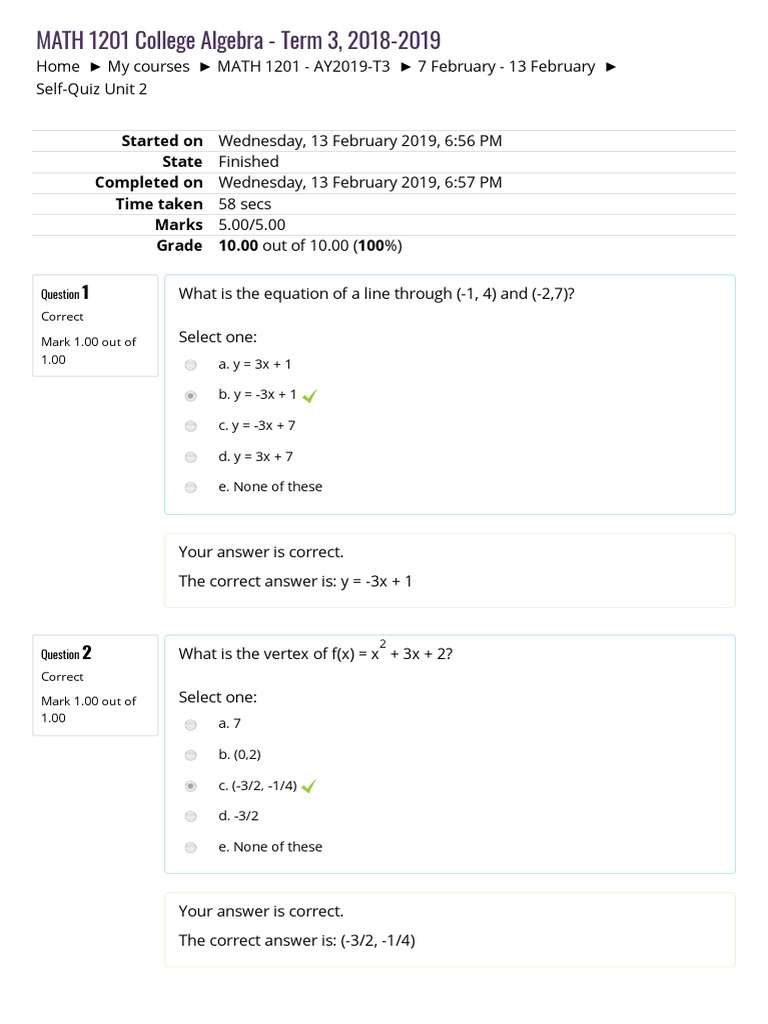 Uopeople - College Algebra - Self-Quiz Unit 2 | PDF