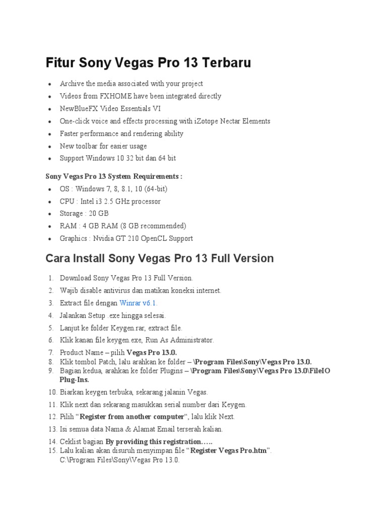 Sony Vegas Pro 13 Fitur Instalasi Pdf Games Activities Computers