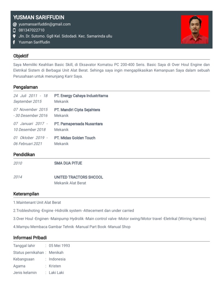 Contoh CV Mekanik | PDF