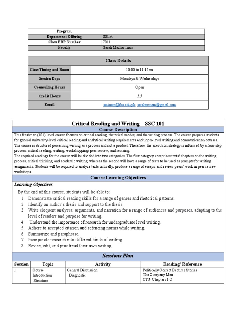 Critical Reading and Writing-Course Outline Draft | PDF | Rhetoric | Essays